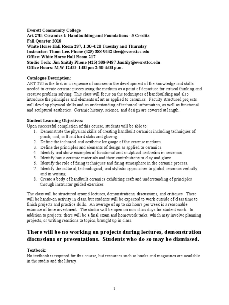 Art 270 A - Fall 2018 - Thom Lee | PDF | Ceramic Art | Studio