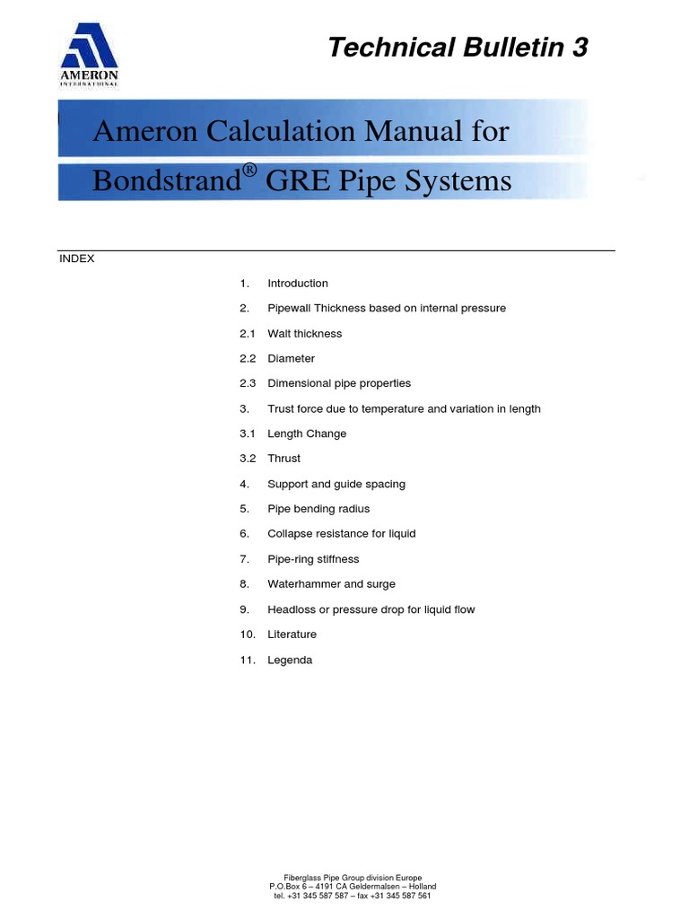Ameron Calculation Manual For Bondstrand GRE Pipe Systems: Technical ...