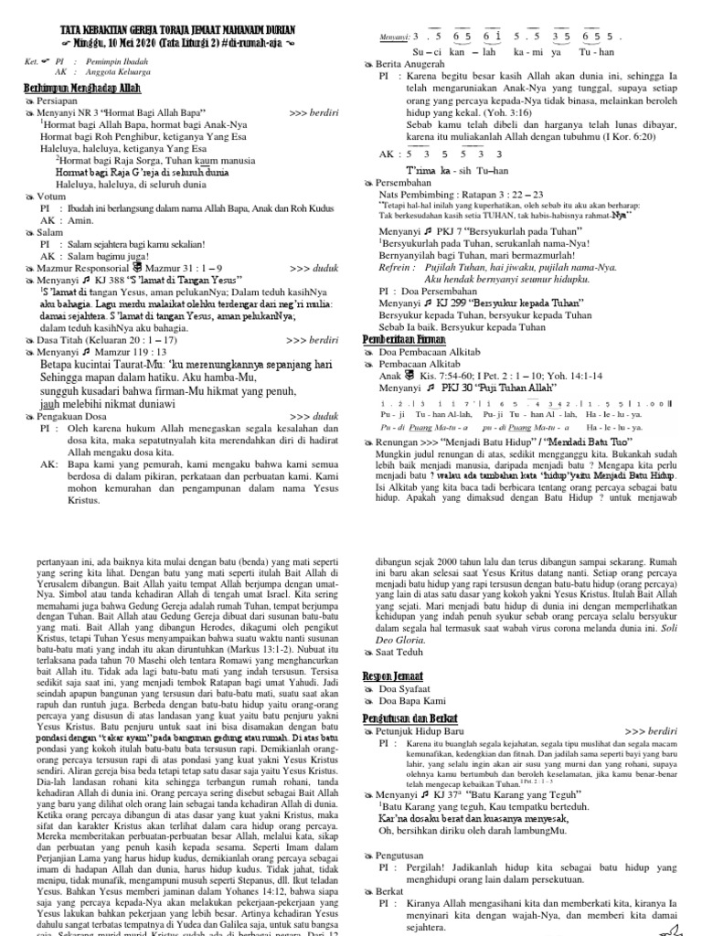 Tata Kebaktian Gereja Toraja Jemaat Mahanaim Durian - Madu, Minggu 10 Mei 2020 - Liturgi 2 | PDF