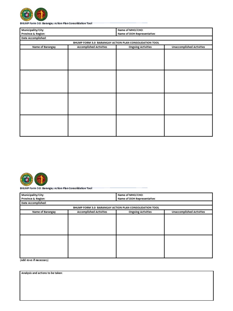 BHLMP Form 3.0 Barangay Action Plan Consolidation Tool | PDF