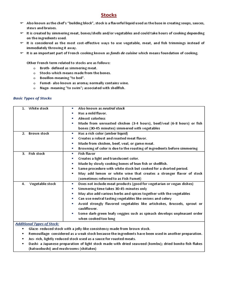 Types and Definitions of Culinary Stocks | PDF | Stock (Food) | Cooking