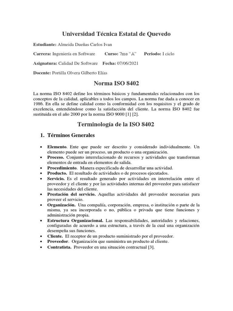 Términos de Gestión de Calidad de La Iso 8402 | PDF | Calidad ...