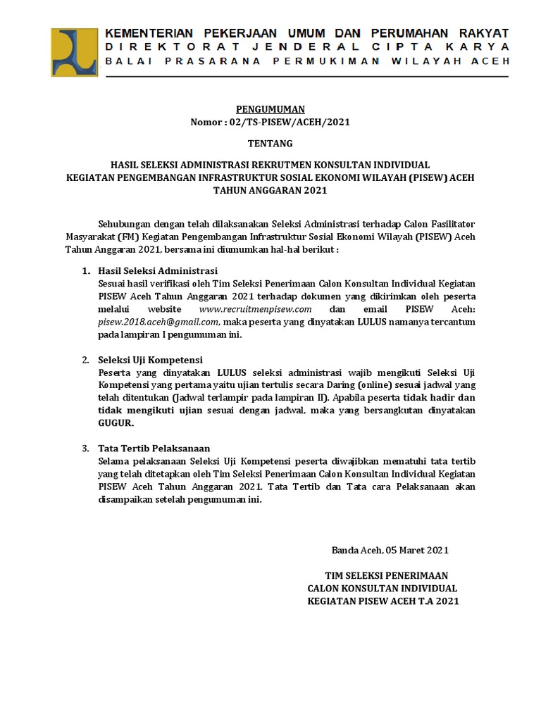 PENGUMUMAN - HASIL - SELEKSI - ADMINISTRASI - PISEW - ACEH - TAHUN - 2021 THP 3 | PDF