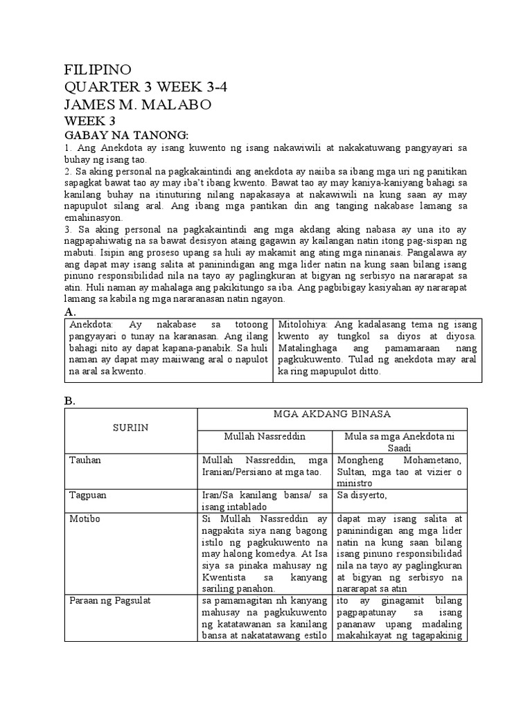 Filipino Module Week 3-4 (Quarter 3) | PDF