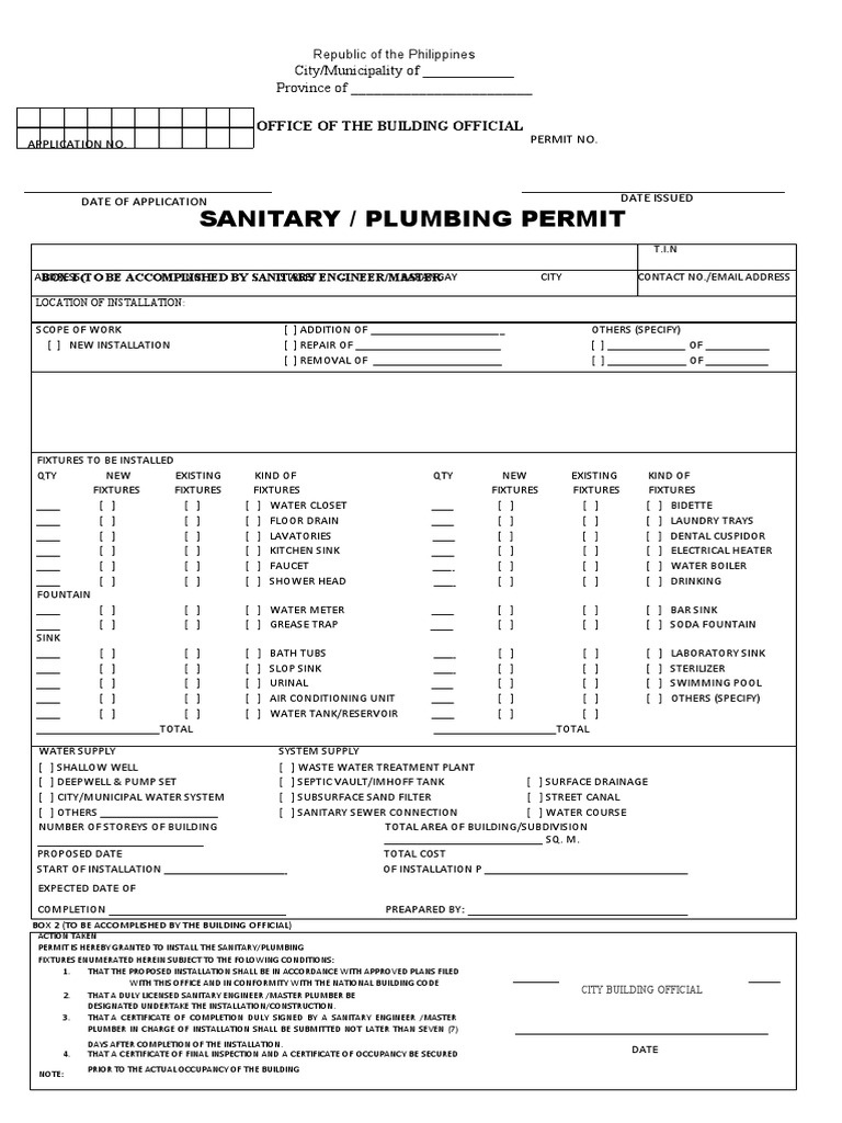 Sanitary / Plumbing Permit: Office of The Building Official | PDF ...
