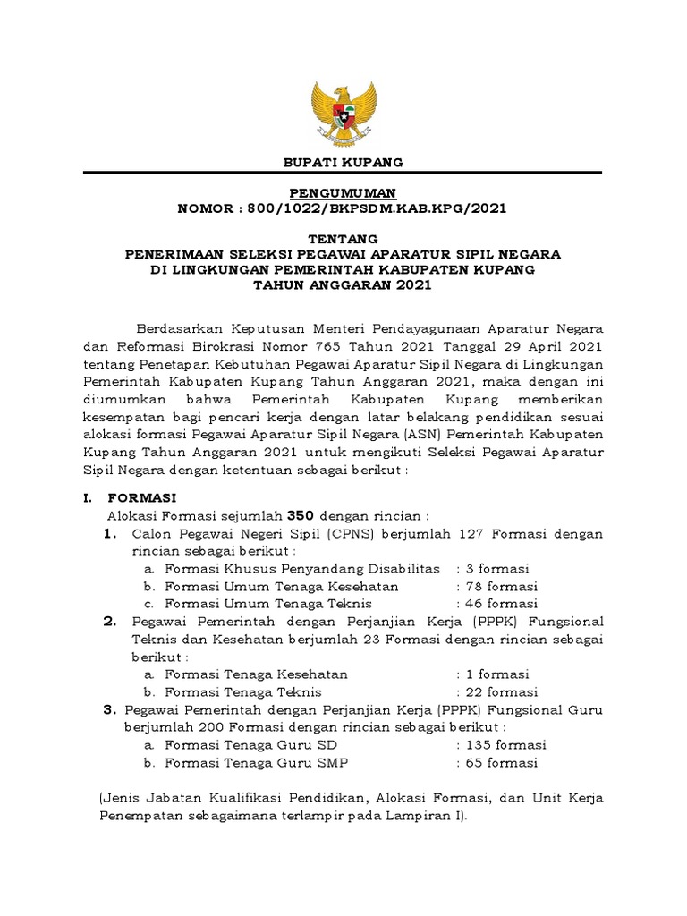 7701 - Pengumuman CPNS Dan PPPK Kab Kupang 2021 | PDF
