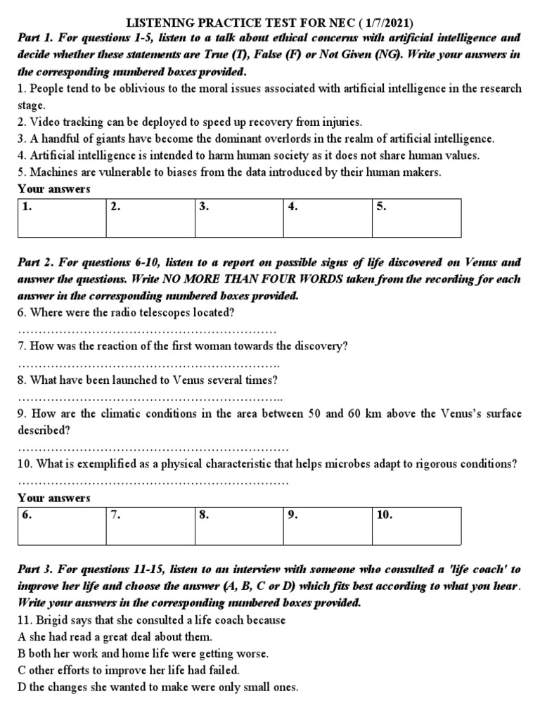 Listening Practice For Nec Test 1 | PDF | Pandemic | Artificial ...