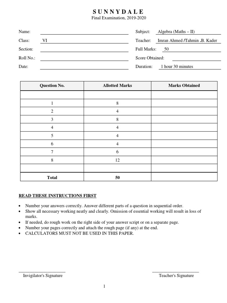 Algebra Class 6 Final Exam | PDF | Mathematical Objects | Teaching ...