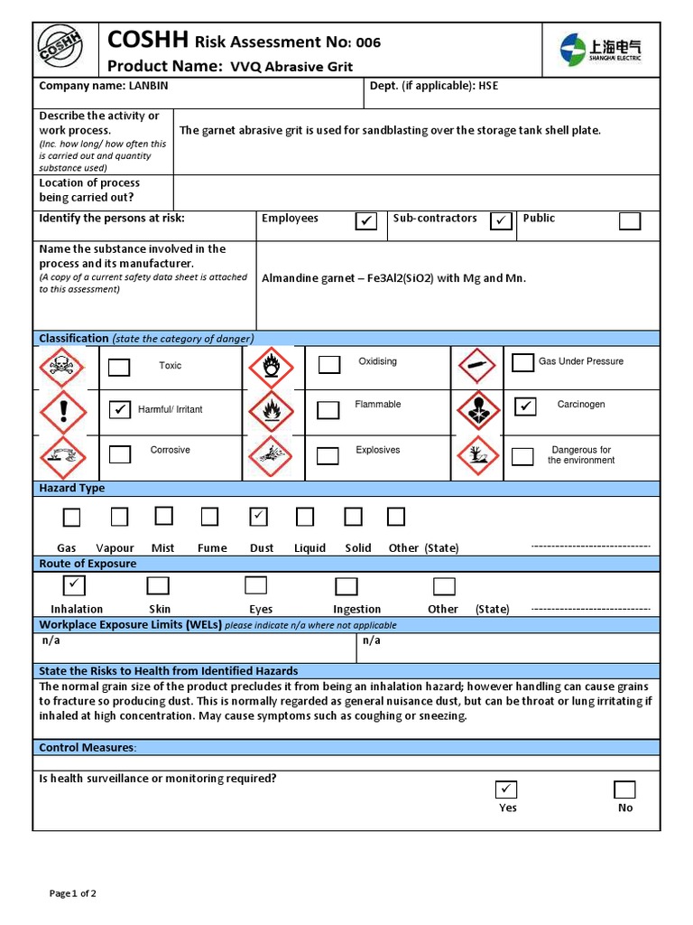 Coshh: Risk Assessment No Product Name | PDF | Toxicity | Occupational ...