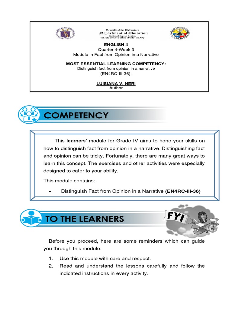 English 4: Quarter 4-Week 3 Module in Fact From Opinion in A Narrative ...