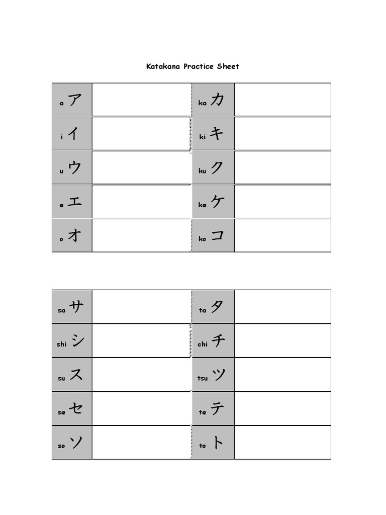 Katakana Practice Sheet (A-N) | PDF
