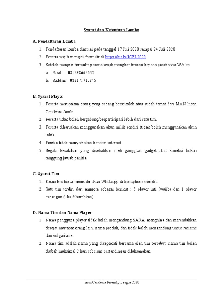 Syarat Lomba ICFL 2020 | PDF