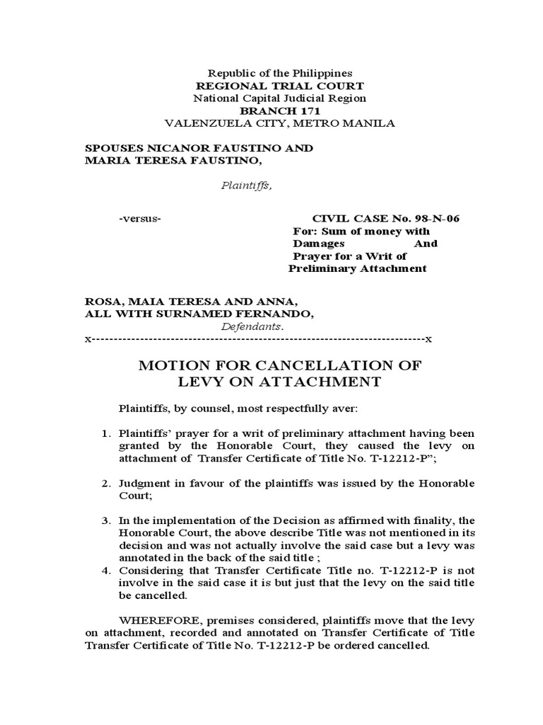 Motion To Cancel Levy Part | PDF