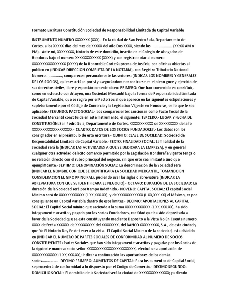 Formato Escritura Constitucion Sociedad de Responsabilidad Limitada de Capital Variable | PDF ...