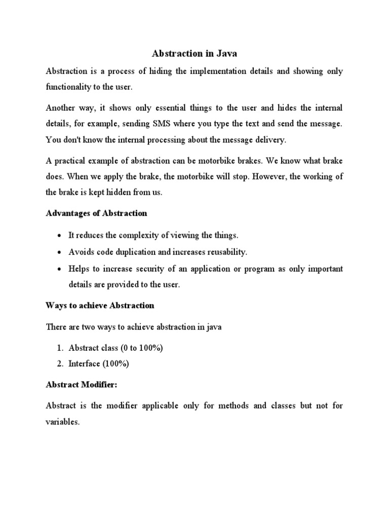 Abstraction in Java | PDF | Class (Computer Programming) | Abstraction (Computer Science)