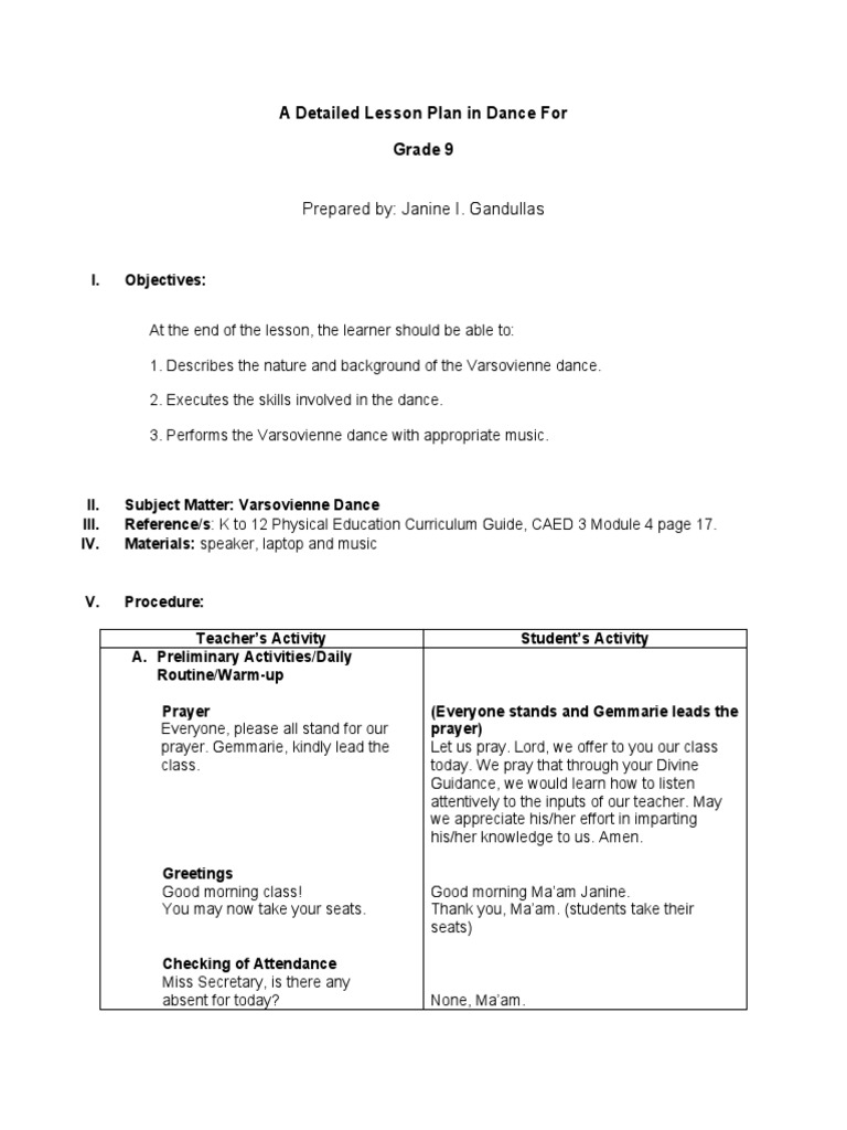 Varsovienne Dance Lesson Plan for Grade 9 | PDF | Dances | Prayer