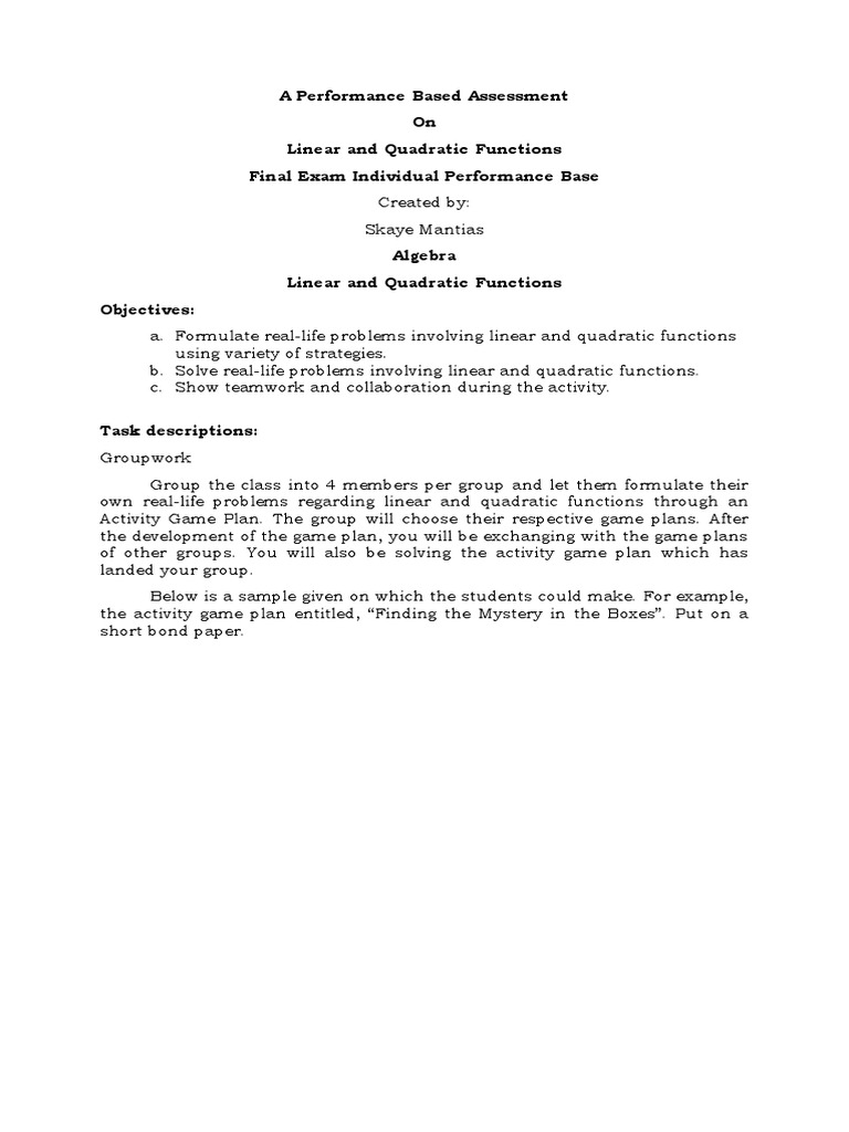 A Performance Based Assessment On Linear and Quadratic Functions Final ...