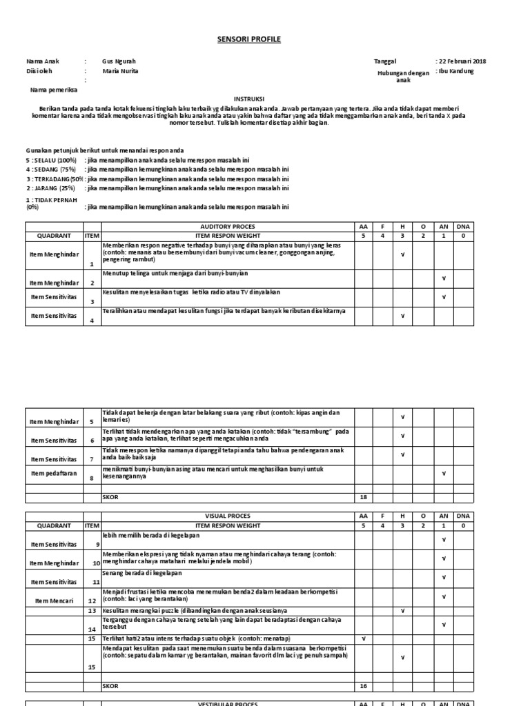 Sensory Profile Excel | PDF