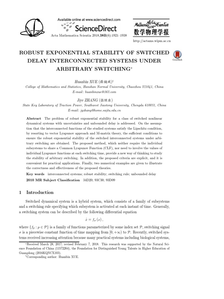 Robust Exponential Stability of Switched Delay Interconnected Systems Under Arbitrary Switching ...