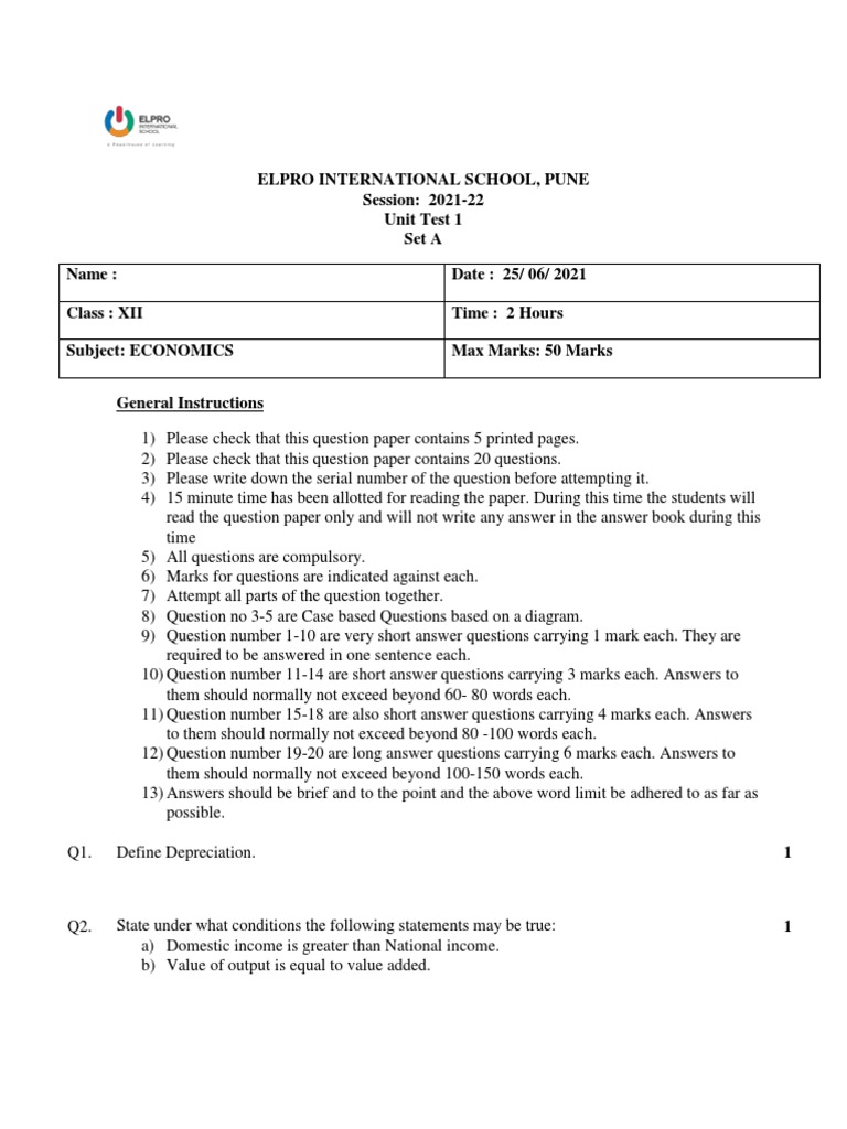 QP - Xii - Economics - Unit Test 1 - Set A - 2021-22 | PDF | Question ...