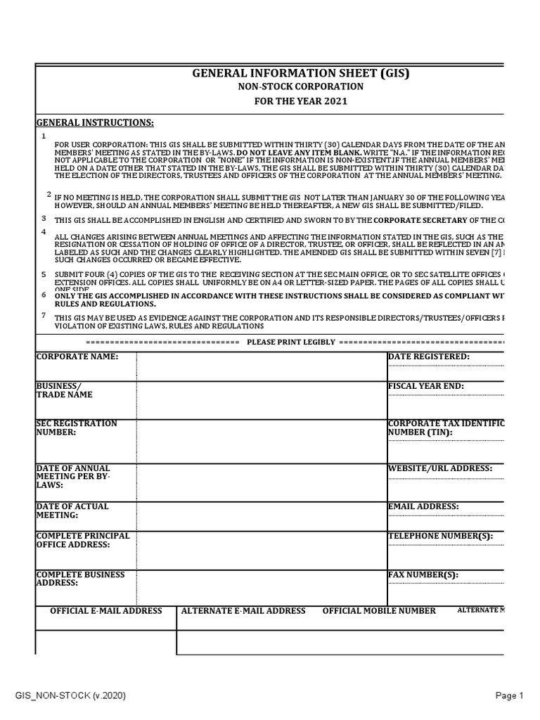 General Information Sheet (Gis) : Non-Stock Corporation For The Year 2021 General Instructions ...