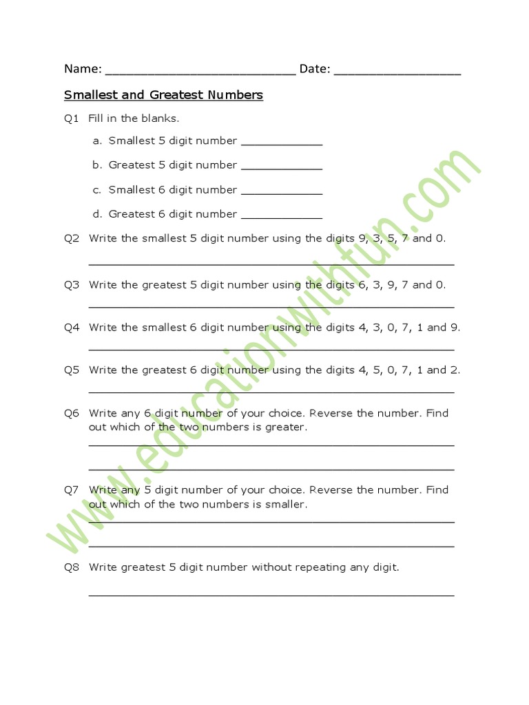 Smallest and Greatest Number Worksheet 1 | PDF
