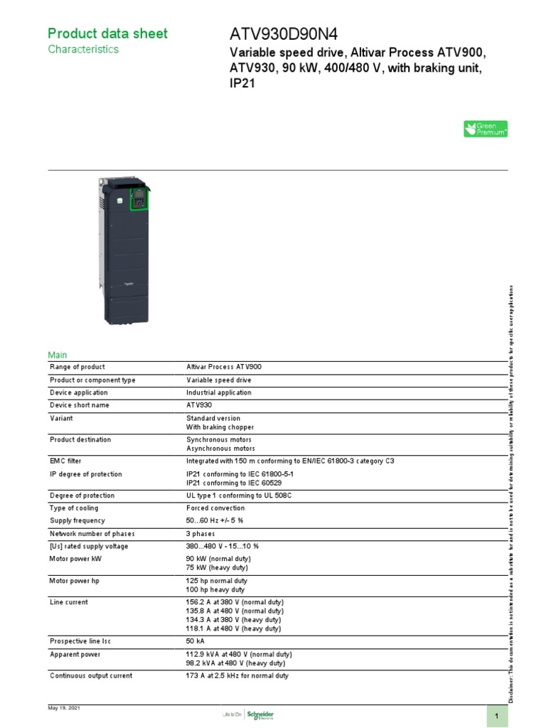 ATV930D90N4 Variable Speed Drive Specs | PDF | Electric Motor | Relay