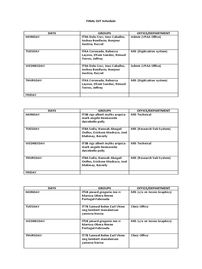OJT Schedule | PDF