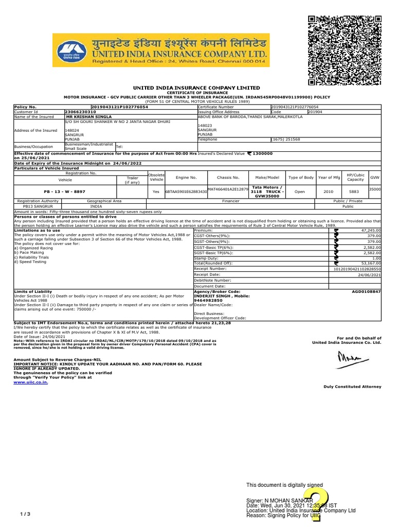 Motor Insurance Certificate for GCV Truck | PDF | Liability Insurance ...