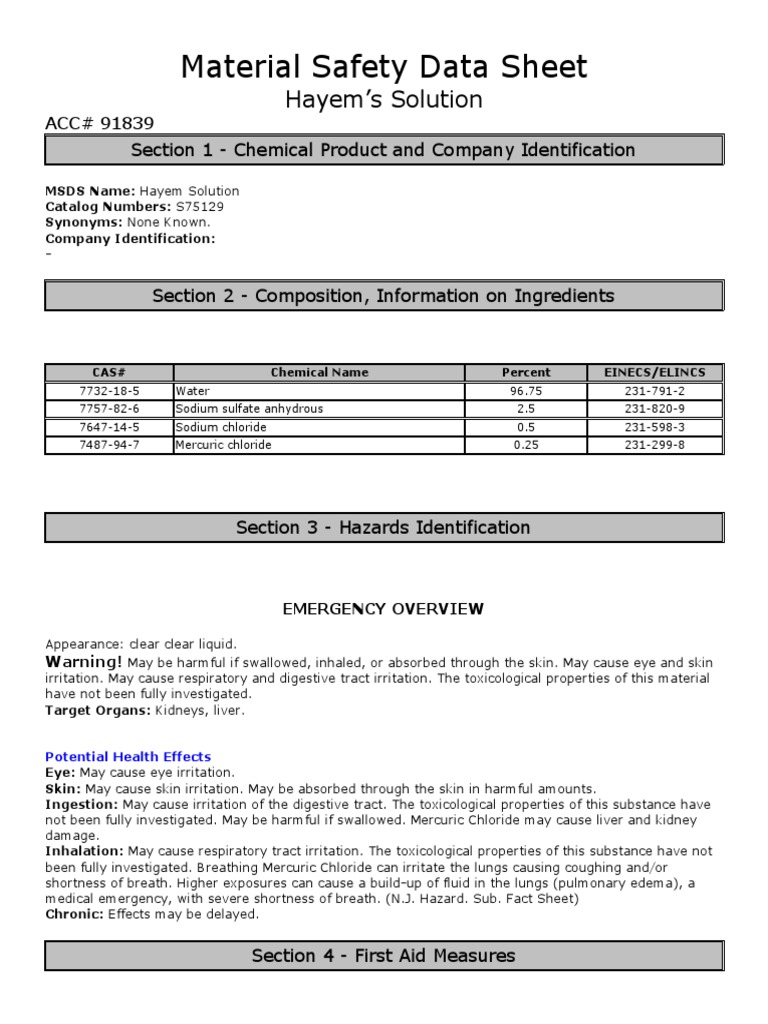 Material Safety Data Sheet: Hayem's Solution | PDF | Mercury (Element ...