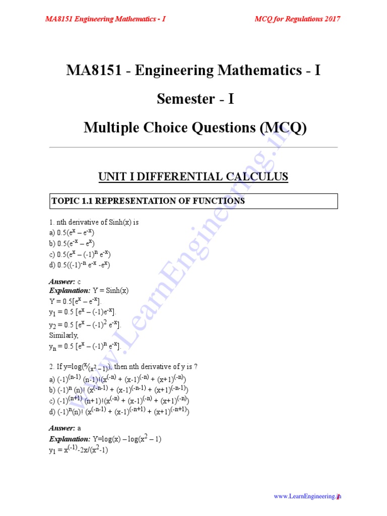 Engineering Mathematics MCQs Overview | PDF | Trigonometric Functions ...