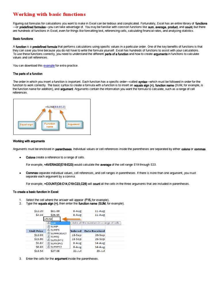 Working With Basic Functions | PDF | Microsoft Excel | Bracket