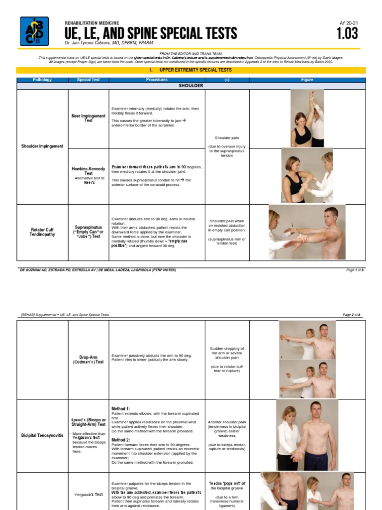 Upper Extremity Special Tests Guide | PDF | Anatomical Terms Of Motion ...