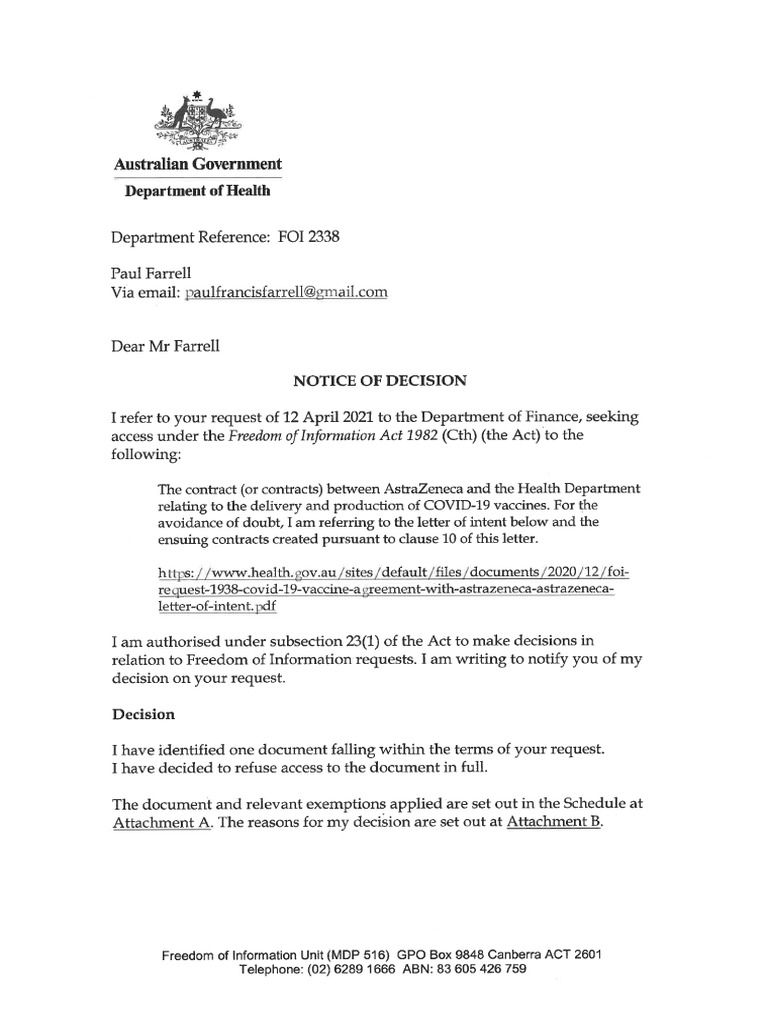 Notice of Decision - FOI 2338 | PDF | Confidentiality | Information