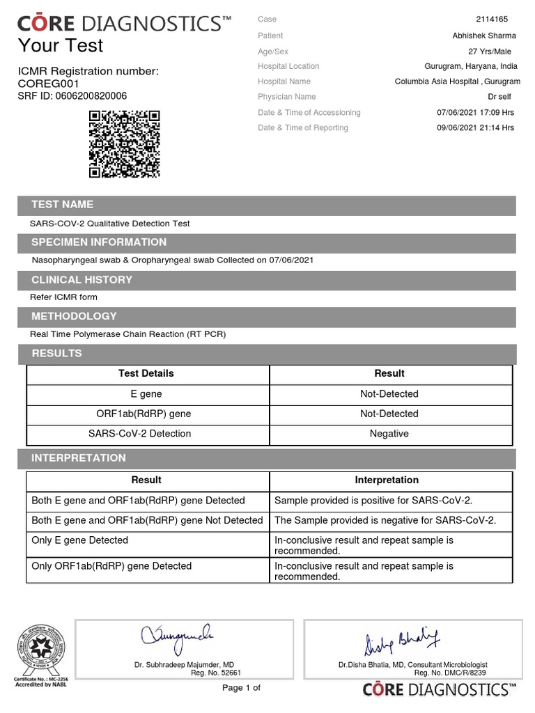 Your Test: ICMR Registration Number: COREG001 | PDF | Polymerase Chain ...