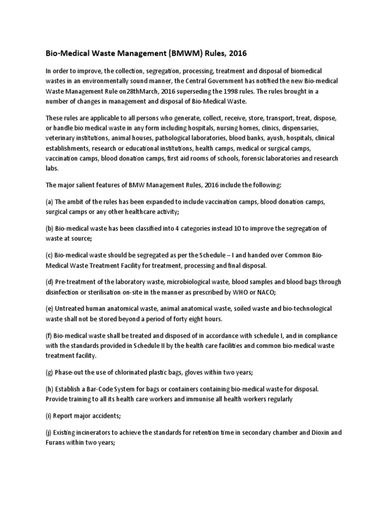 Bio-Medical Waste Management (BMWM) Rules, 2016 | PDF | Health Care ...