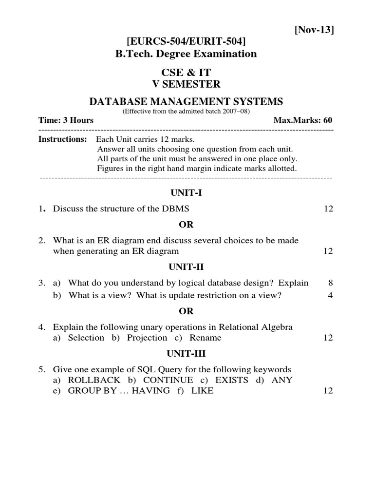 DBMS 2013 Question Paper | PDF | Relational Database | Databases