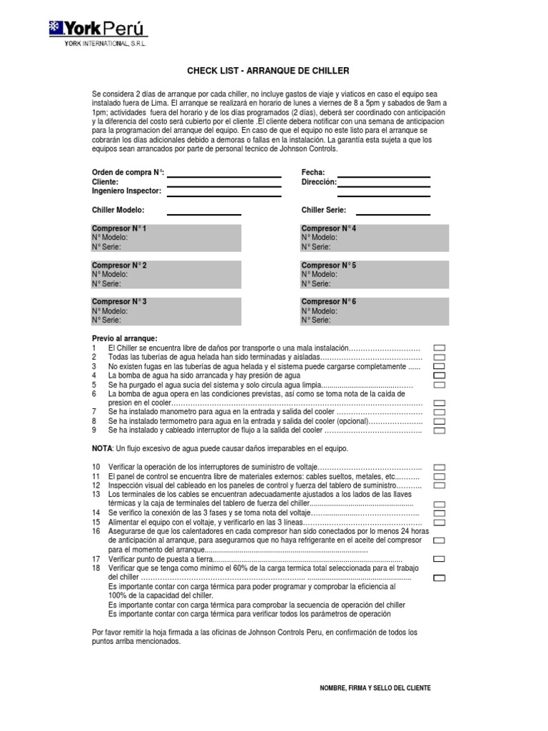 Check List de Arranque de Chiller | PDF | Energía y recursos | Naturaleza