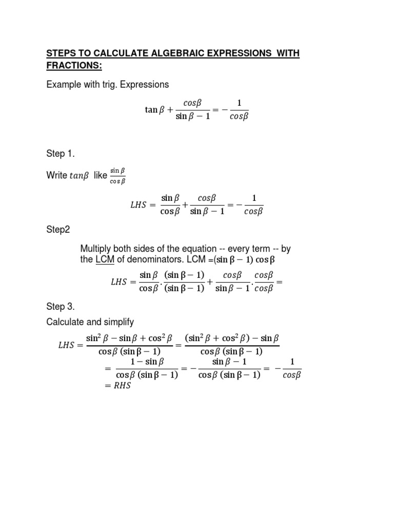 Calculate Algebraic Expressions With Fractions Method PDF