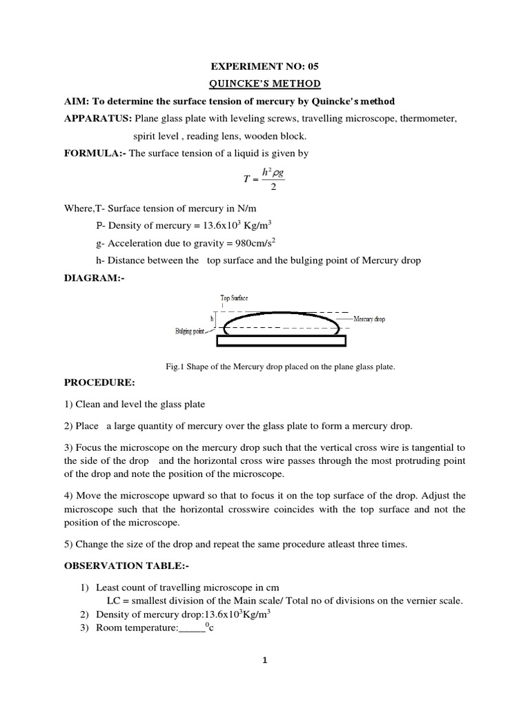 Expt No 5 Quincks Method Update | PDF | Surface Tension | Mercury (Element)