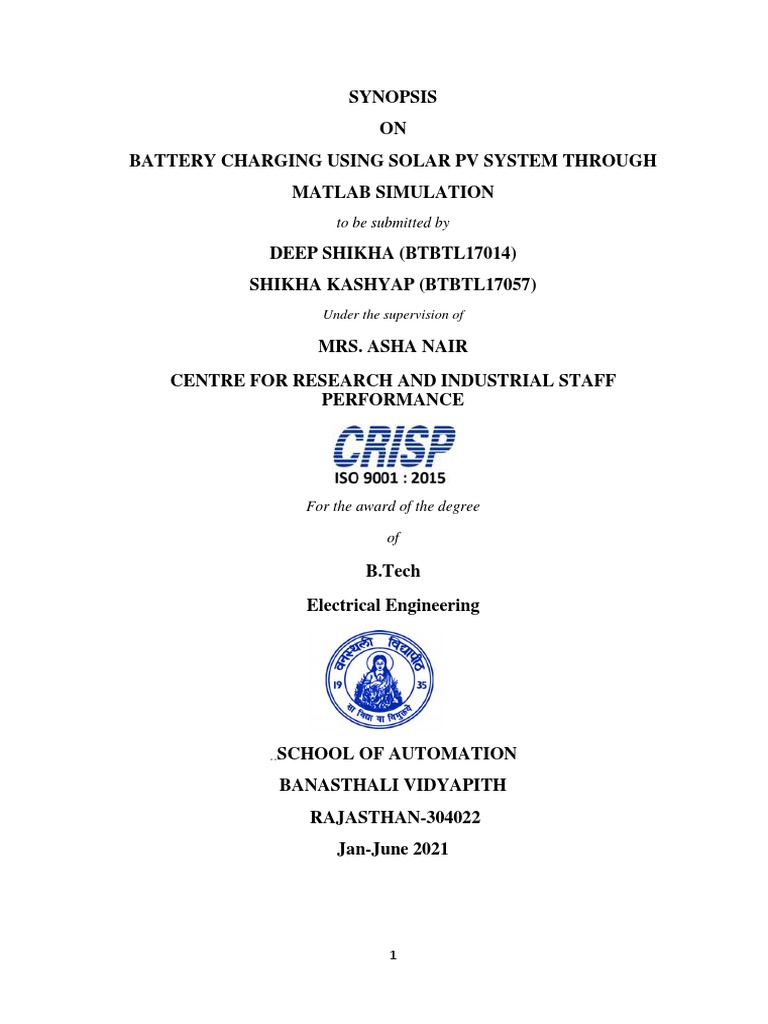 Shikha Kashyap - 1712815 - Sysnopsis | PDF | Photovoltaics | Photovoltaic System