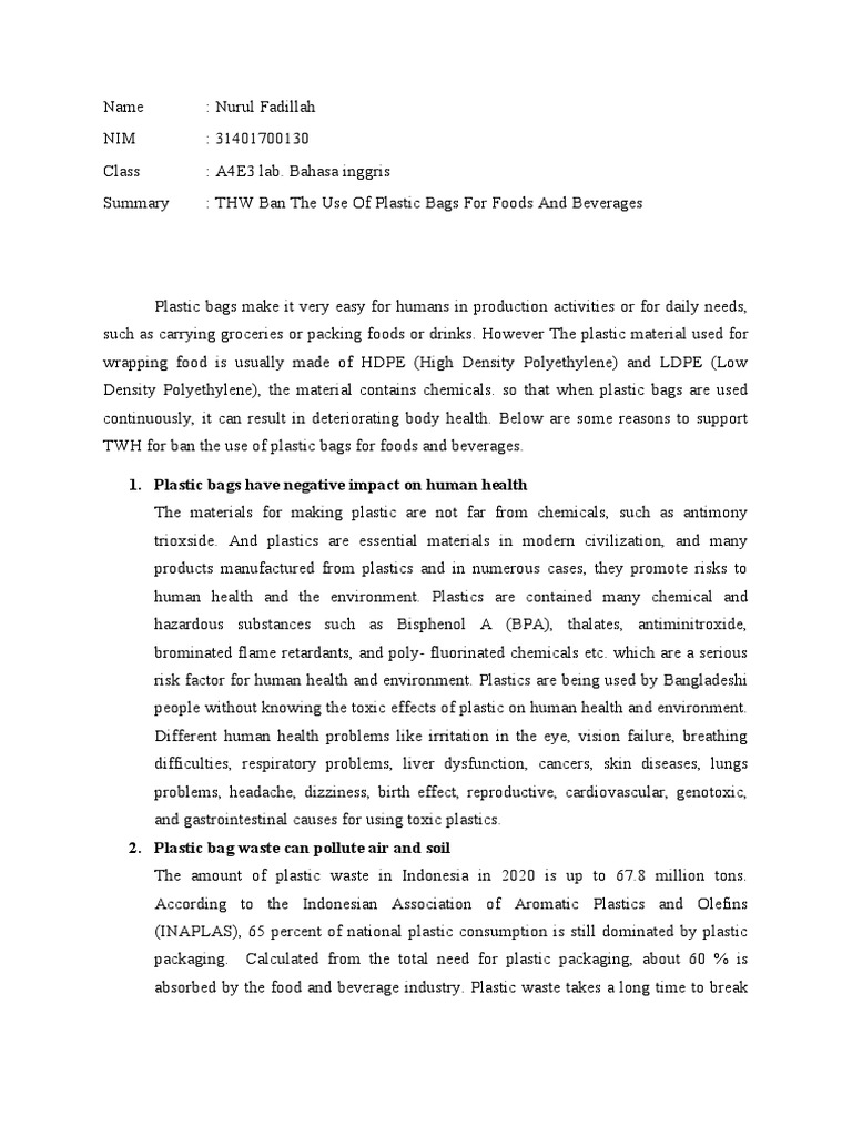 Summary THW Ban The Use of Plastic Bags For Foods and Beverages | PDF ...