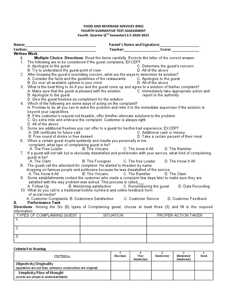 Fourth Summative Test Q4 FBS | PDF | Multiple Choice | Cognition