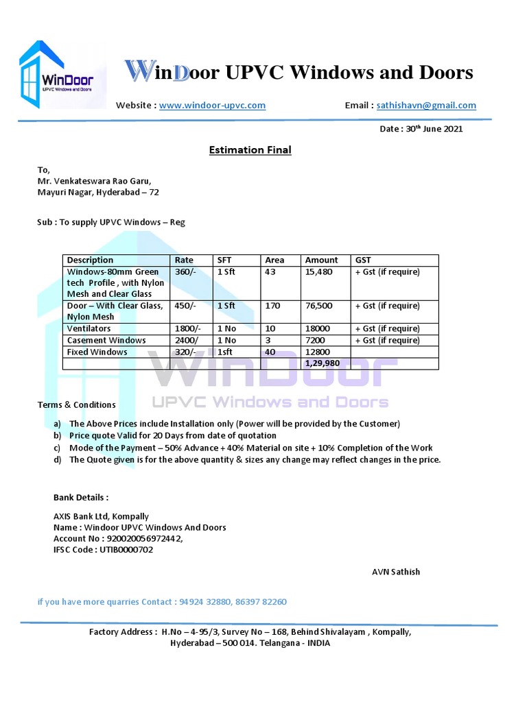In Oor UPVC Windows and Doors: Estimation Final | PDF