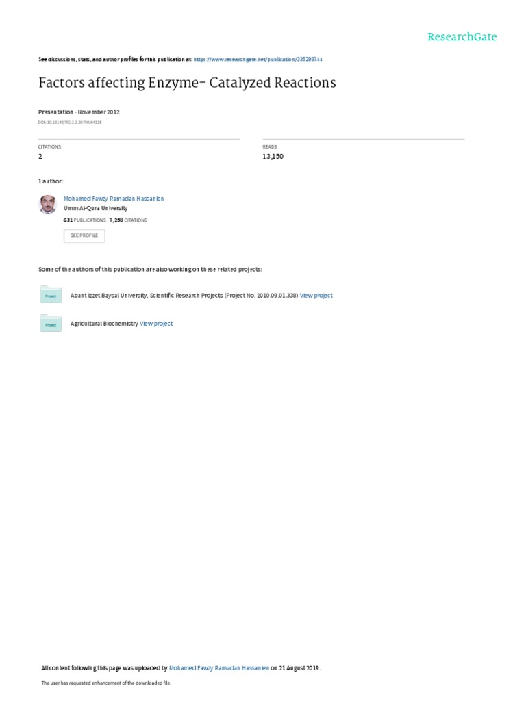 Factors Affecting Enzyme-Catalyzed Reactions: November 2012 | PDF ...