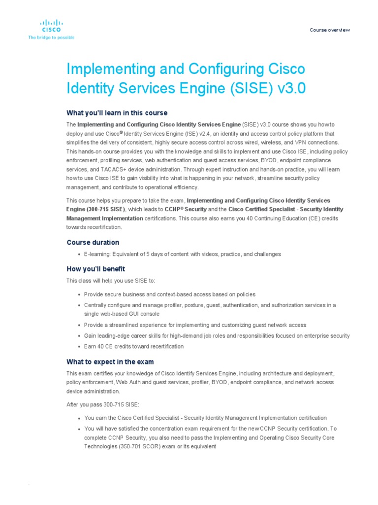 Implementing And Configuring Cisco Identity Services Engine Sise V3 0 Pdf Cisco Systems