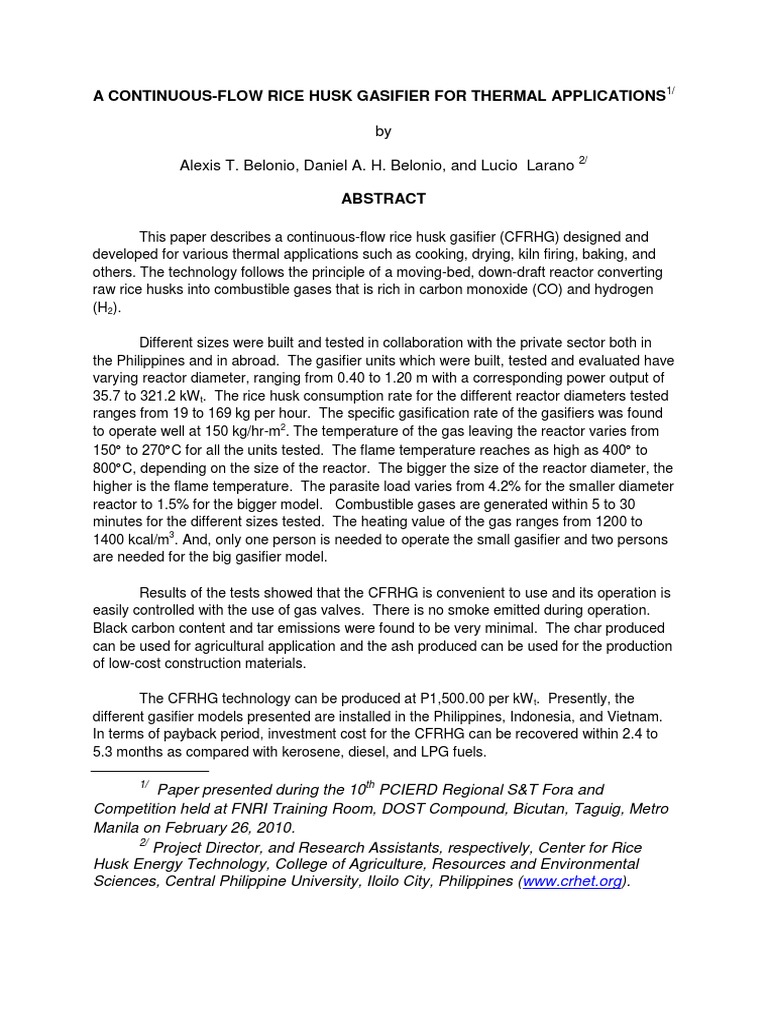 Continuous-Flow Rice Husk Gasifier-Belonio-2010 0 | PDF | Gasification ...