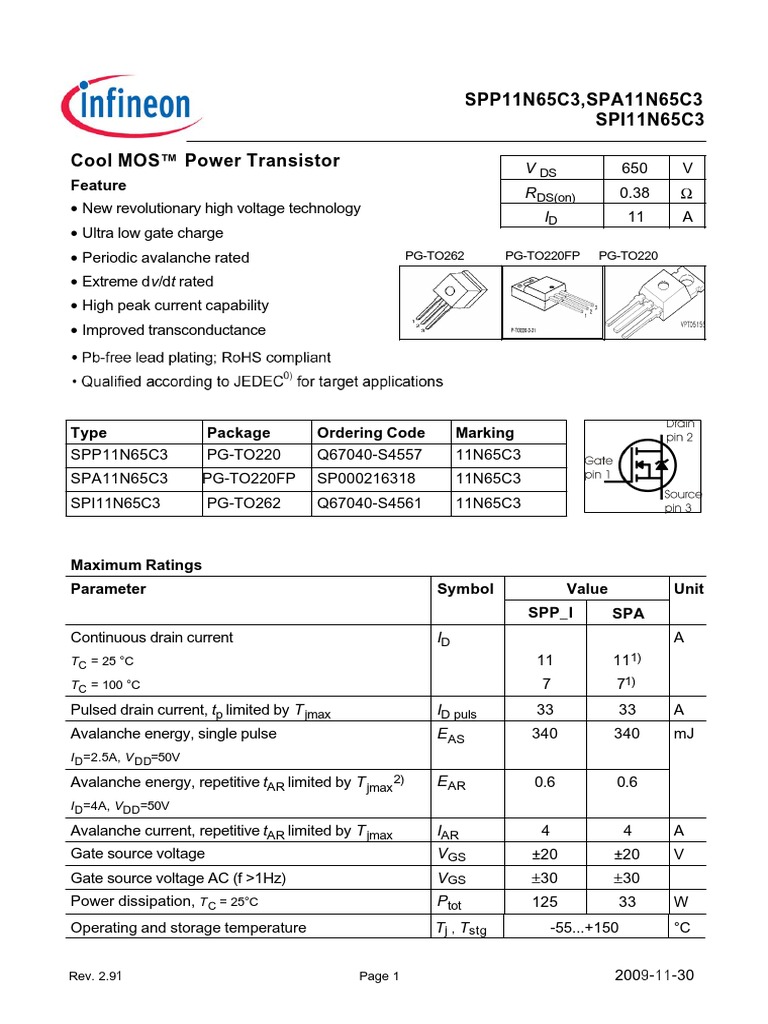 Infineon SPP A I11N65C3 DS v02 91 en | PDF | Diode | Capacitor