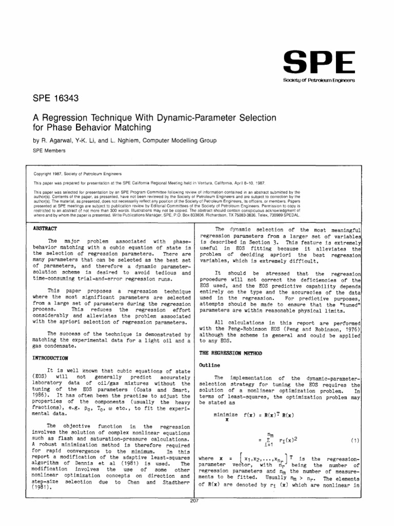 A Regression Technique With Dynamic-Parameter Selection For Phase Behavior Matching | PDF ...