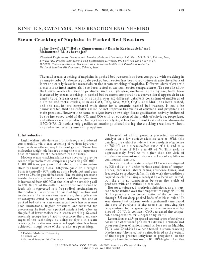 Steam Cracking Of Naphtha In Packed Bed Reactors Pdf Cracking